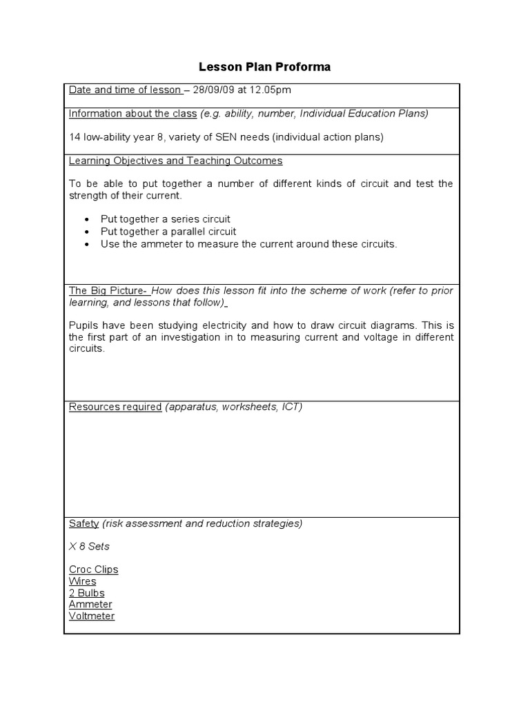 Lesson Plan Proforma: Learning, and Lessons That Follow) | PDF