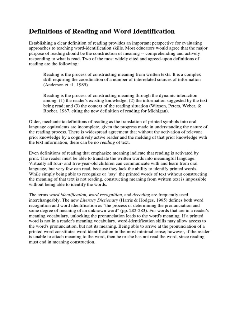Definitions of Reading and Word Identification | PDF | Reading (Process ...