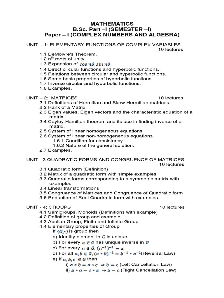 B.Sc. Part I Semester I and II Mathematics Syllabus PDF | Download Free ...