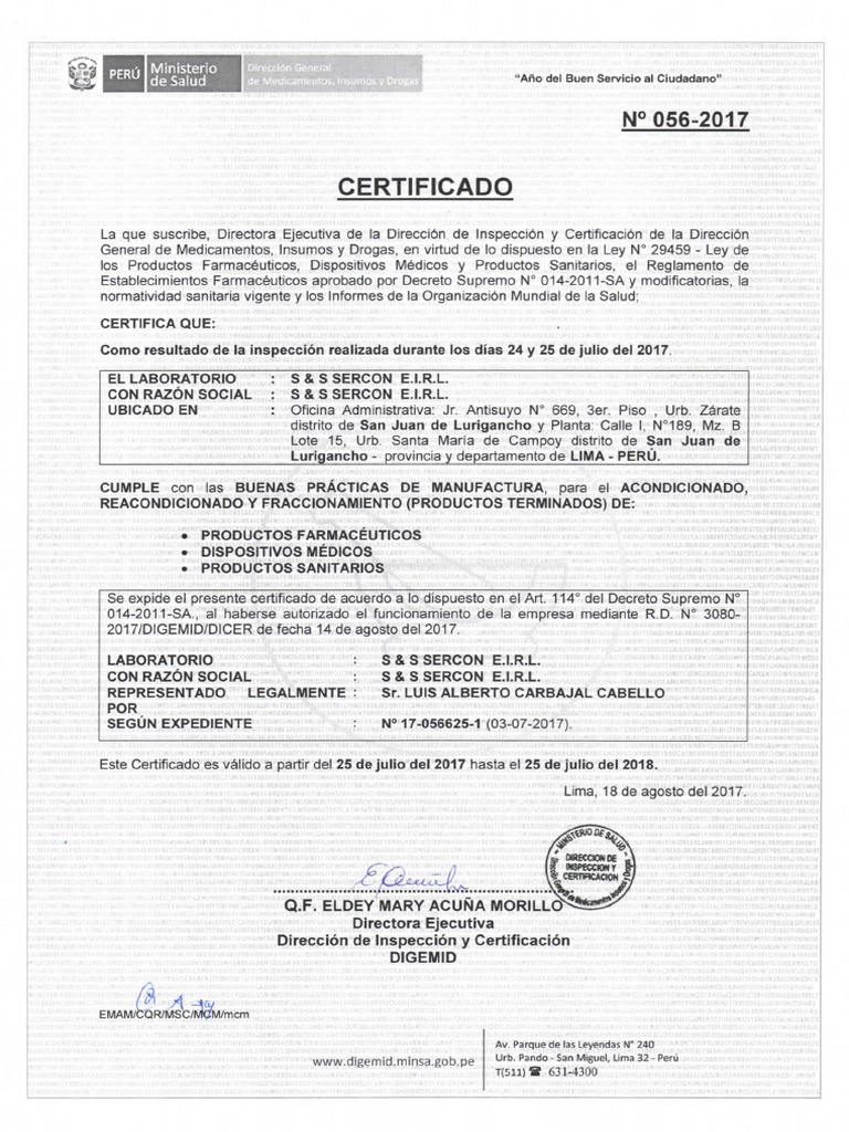 Certificado BPM - S&s Sercon E.I.R.L. | PDF