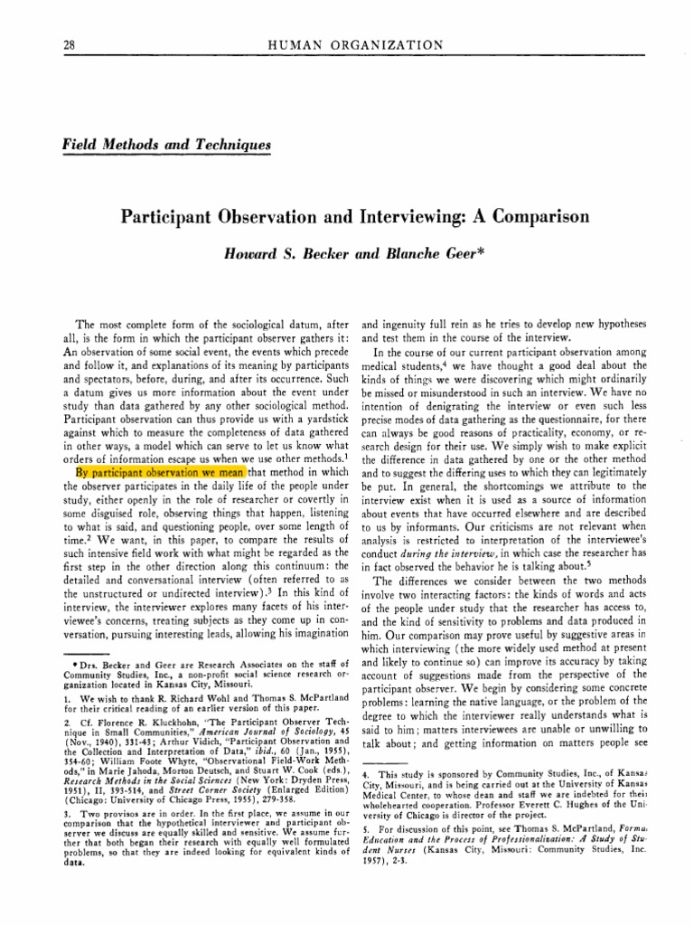 Becker-Geer Participant Observation and Interviewing | PDF ...