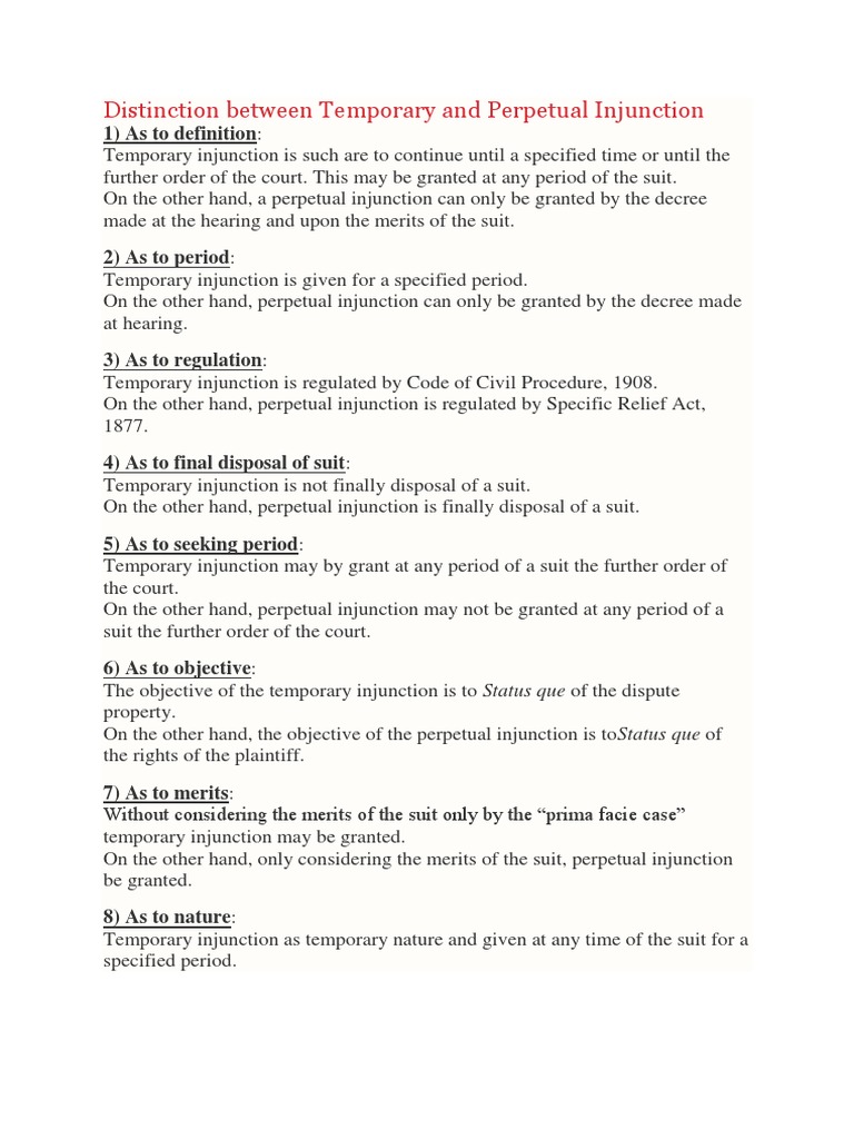 Distinction Between Temporary and Perpetual Injunction | PDF