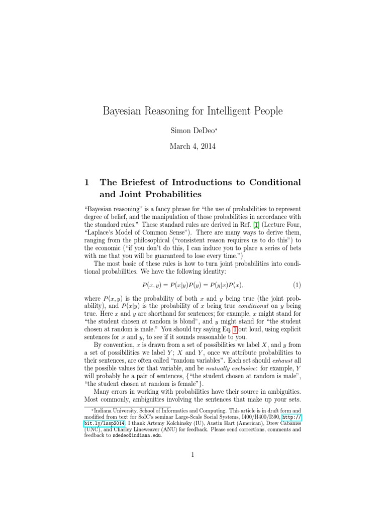Bayesian Reasoning For Intelligent People: 1 The Briefest of Introductions To Conditional and ...