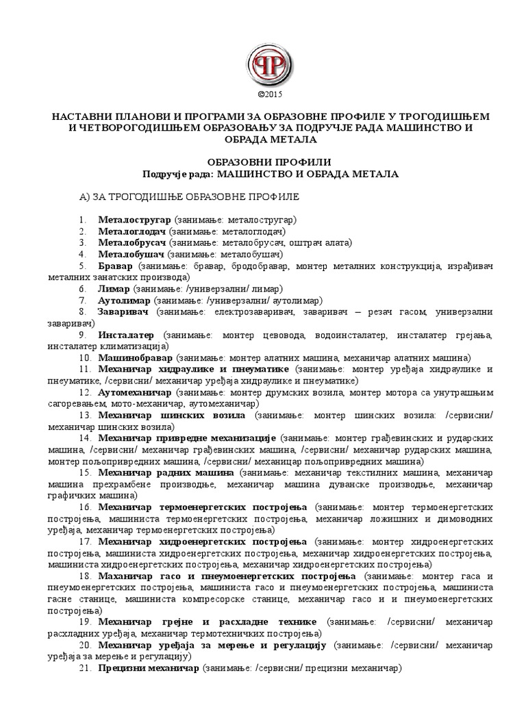 Masinstvo I Obrada Metala III I IV ST - Planovi, Programi, Zavrsni I ...