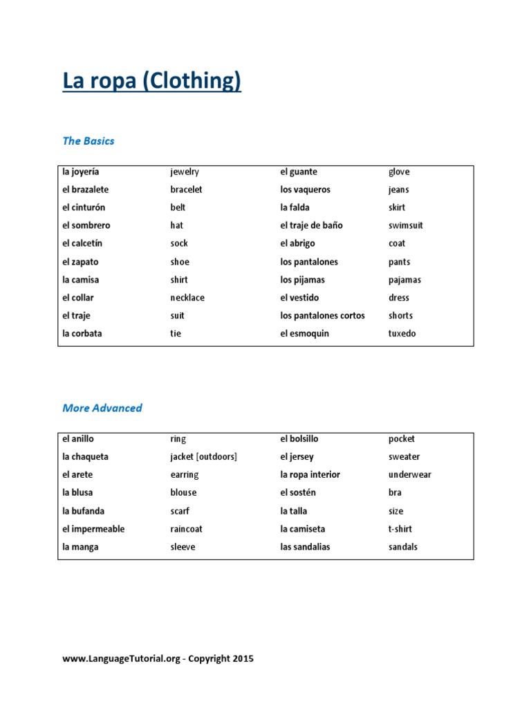 Vocabulario de Ropa en Español | PDF