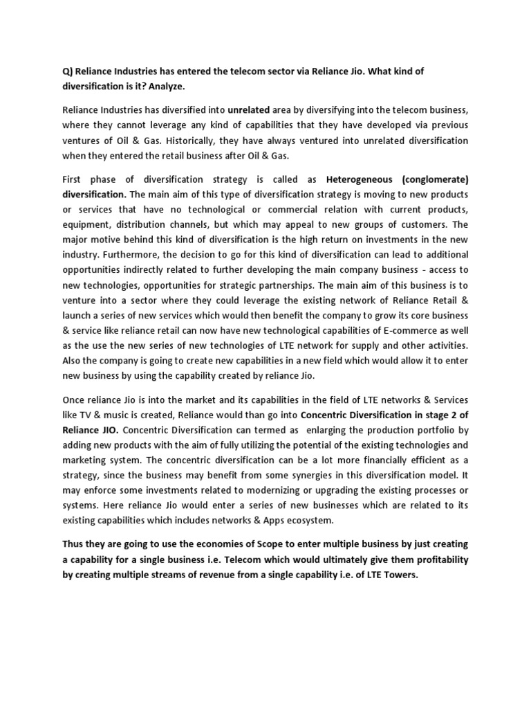 Reliance Jio - Diversification | PDF | Diversification (Finance ...