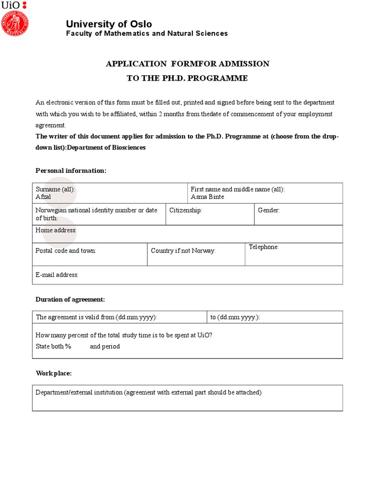 University of Oslo: Application Formfor Admission To The Ph.D ...