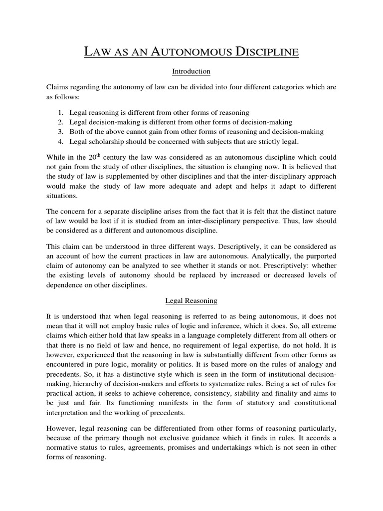 Law As An Autonomous Discipline | PDF | Reason | Autonomy