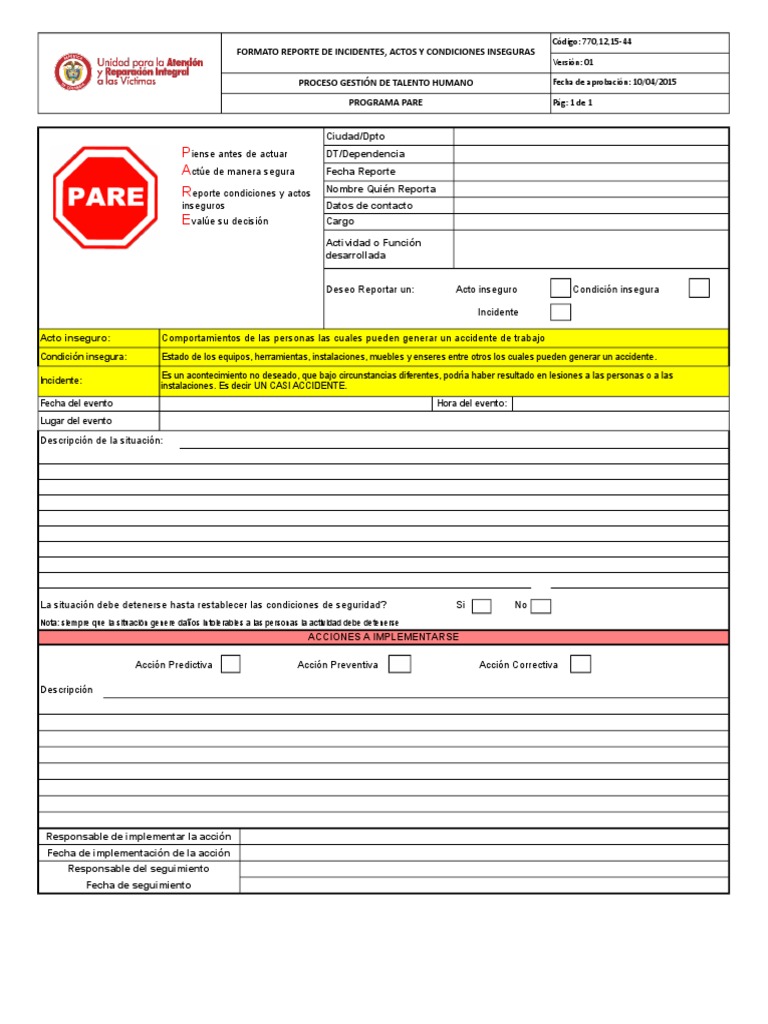 Reporte de Incidentes Actos y Condiciones Inseguras V1 | PDF ...