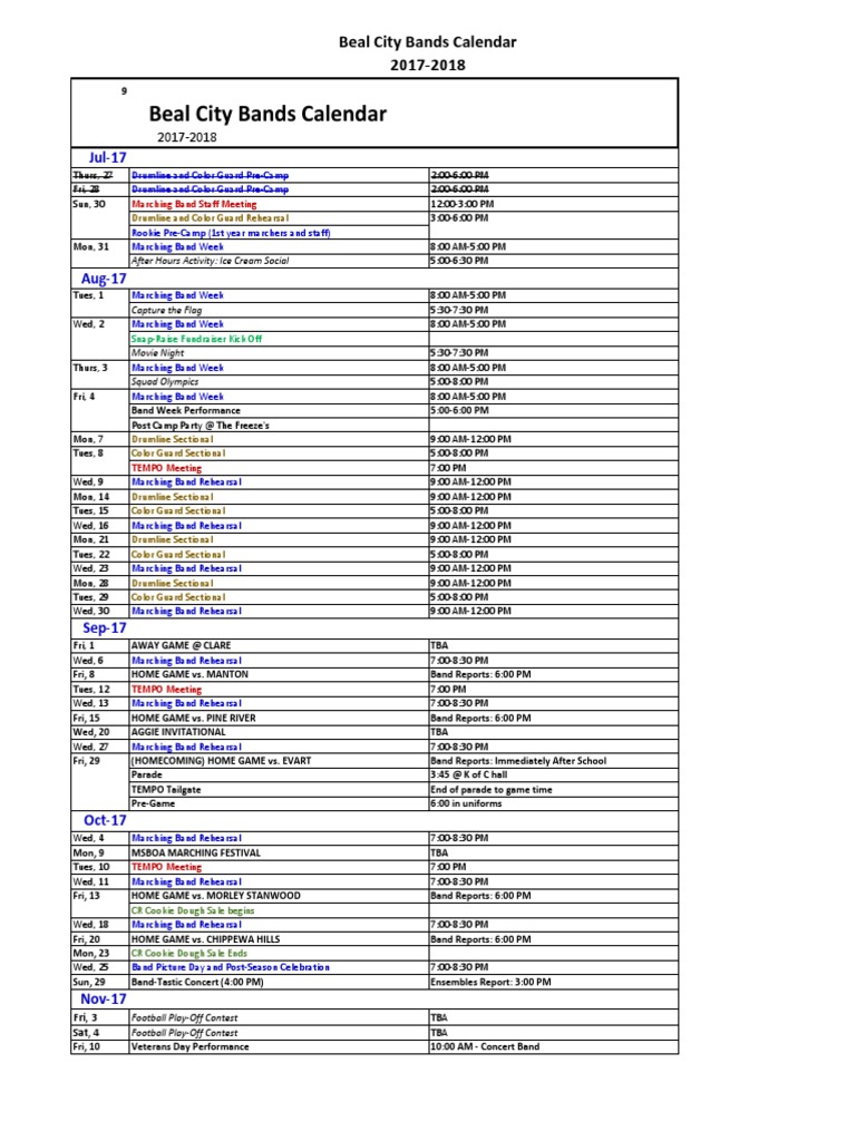2017-2018 Band Calendar | PDF | Marching Bands | Music