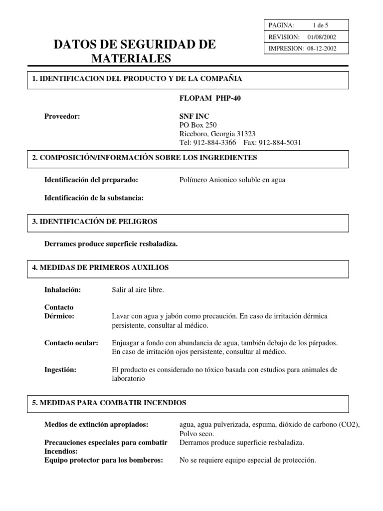 MSDS PHP-40 Floculante PDF | PDF | Mercurio (Elemento) | Agua