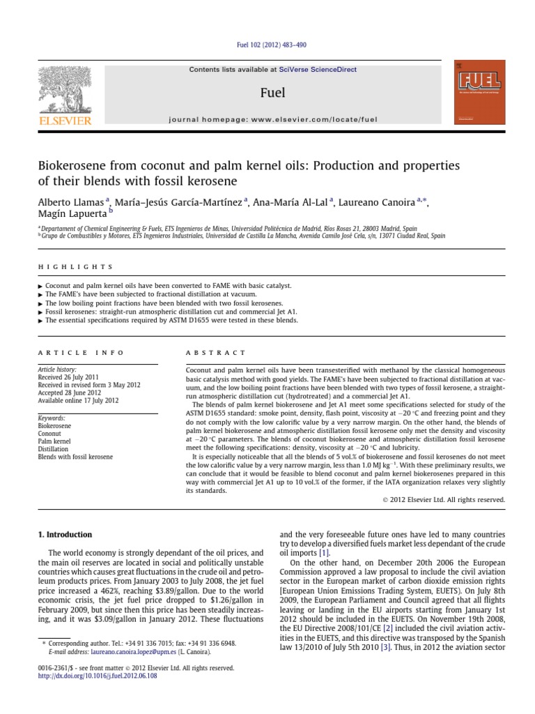 Biokerosene from coconut and palm.pdf | Jet Fuel | Biodiesel