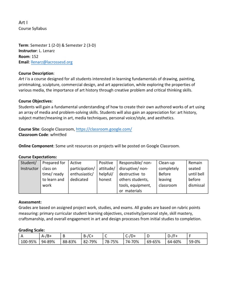 Art I Course Syllabus Overview | PDF