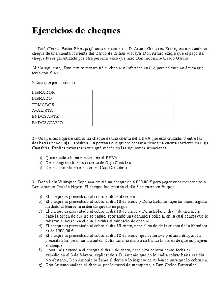 Ejercicios de Cheques | PDF