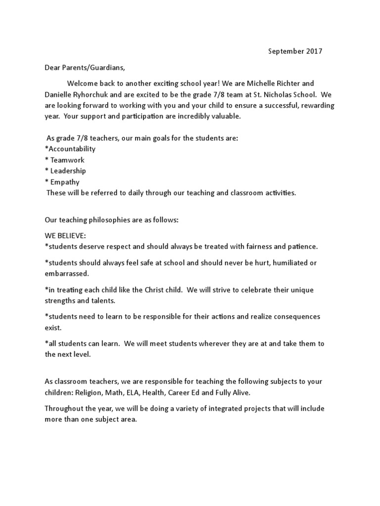 Parent Letter 2017-2018 | PDF | Classroom | Homework