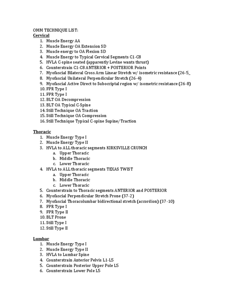 Omm Technique List | PDF | Vertebral Column | Vertebra