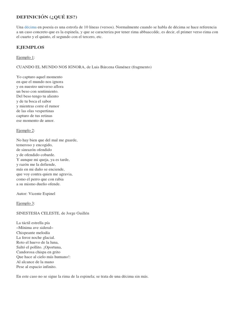 Definición y ejemplos de la décima, una estrofa poética clásica | PDF ...