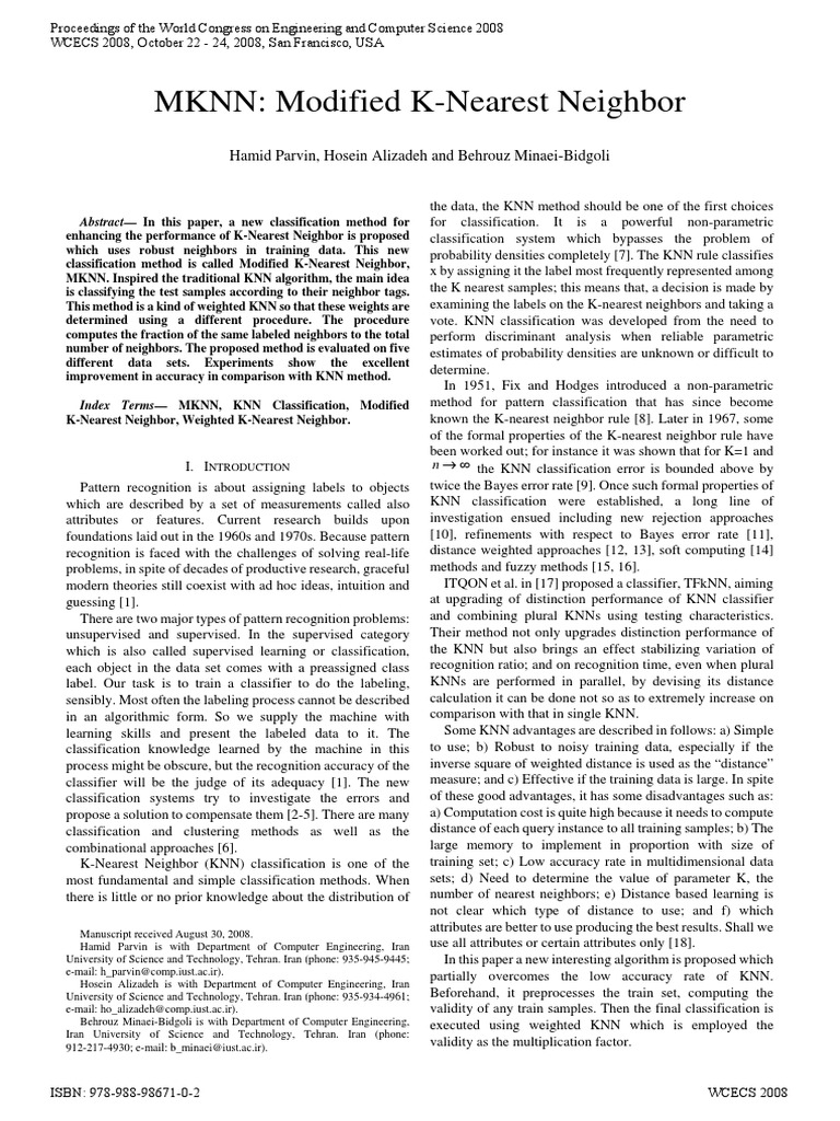 MKNN Modified K Nearest Neighbor | PDF | Statistical Classification | Algorithms