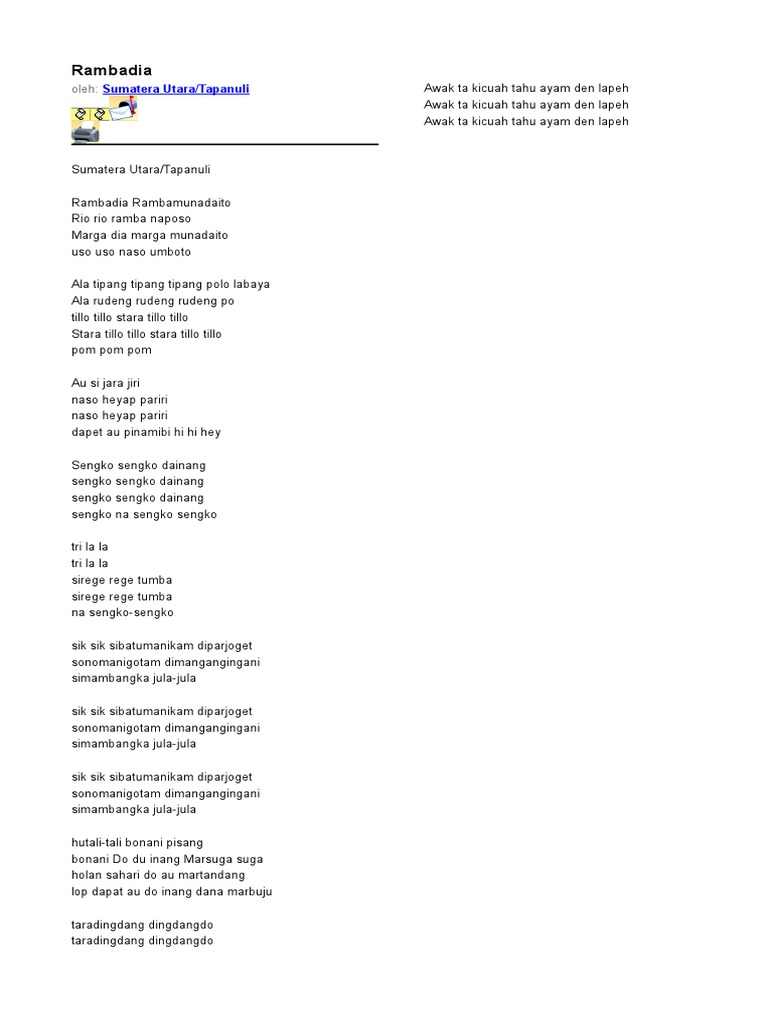 Lirik Lagu Tradisional Rambadia | PDF | Seni & Disiplin Bahasa