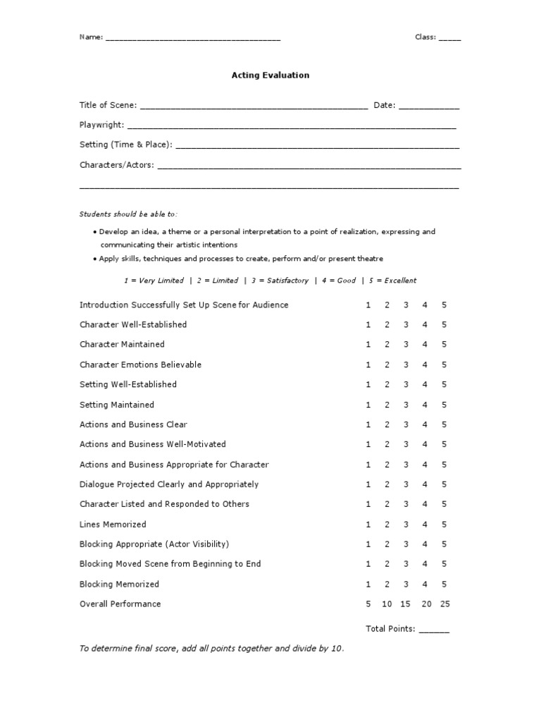Acting Evaluation Form | Actor | Learning