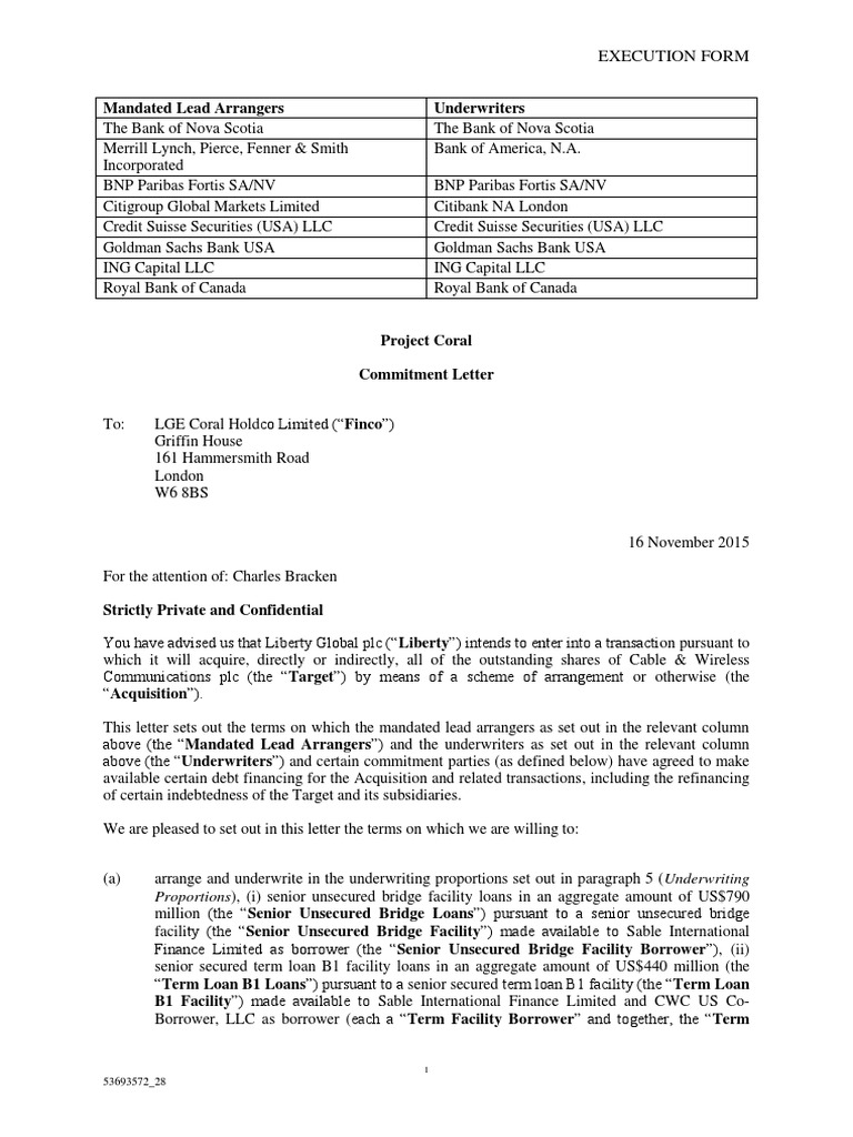 Coral - Commitment Letter | PDF | Syndicated Loan | Indemnity