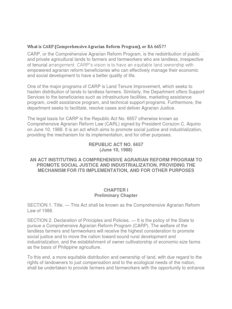 What Is CARP (Comprehensive Agrarian Reform Program), or RA 6657 ...