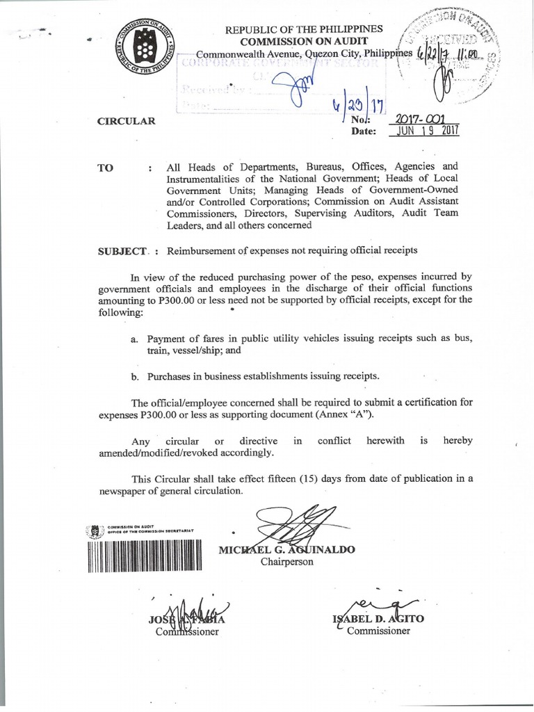 COA Circular No. 2017-001 Dated June 19, 2017 - Reimbursement of ...