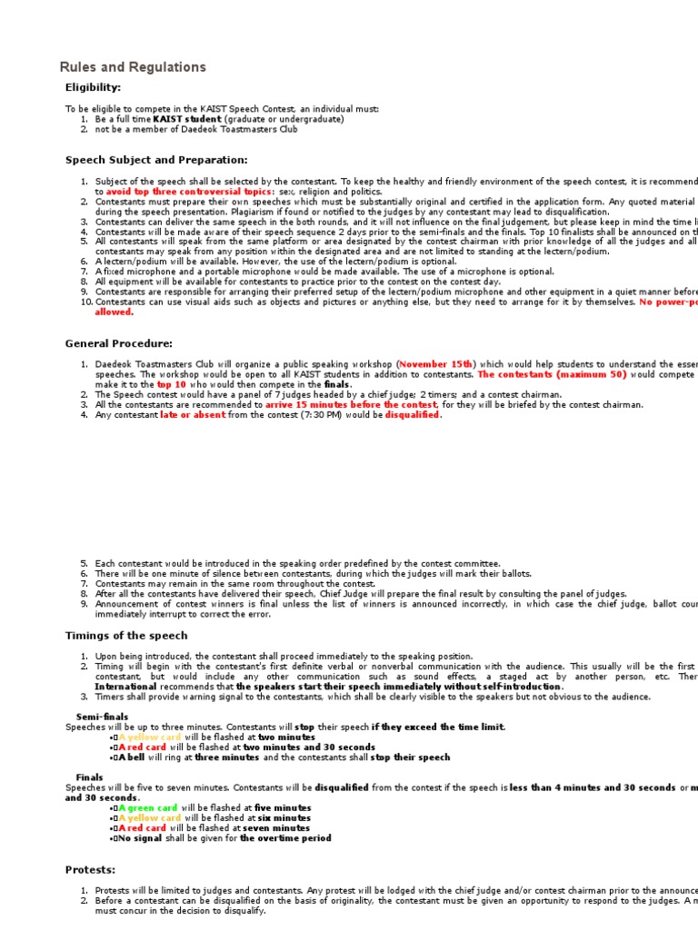Rules and Regulations SPEECH CONTEST | PDF | Speech ...