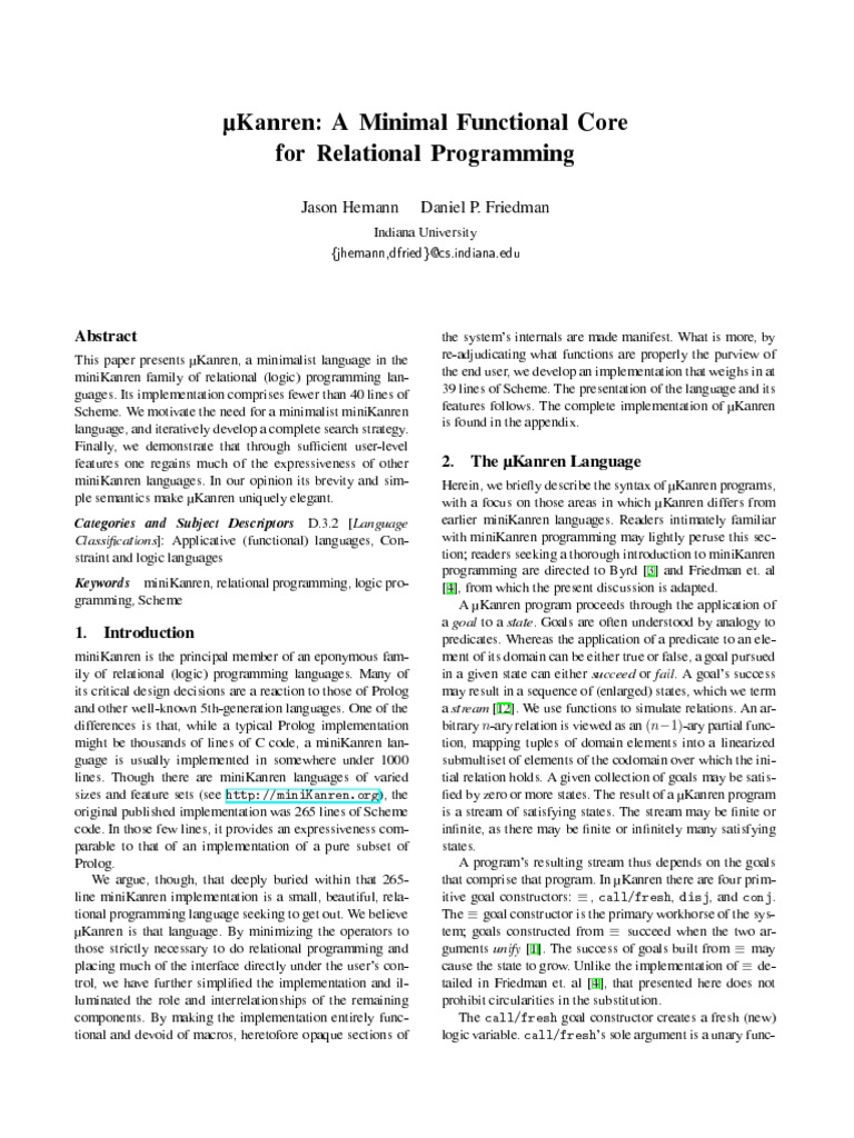 Μkanren A Minimal Functional Core For Relational Programming Pdf Scheme Programming