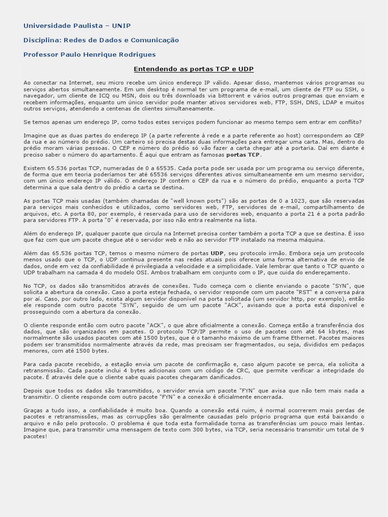 Entendendo As Portas TCP e Udp | PDF | Protocolo de transferência de ...