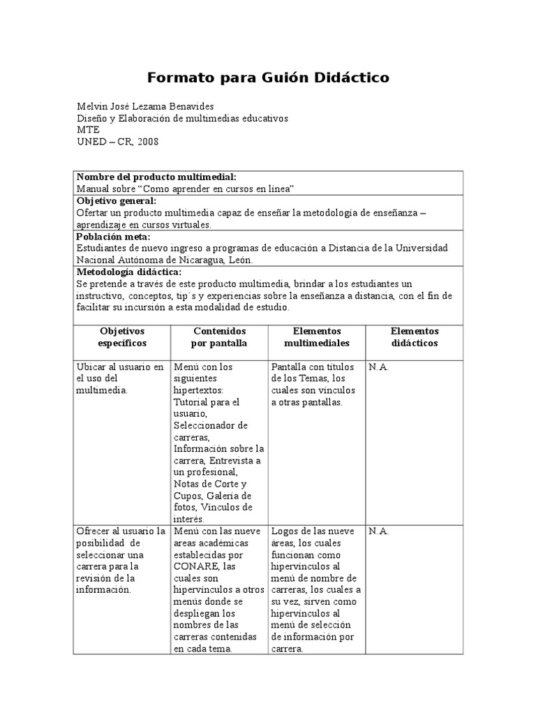 Formato Guion Material Didactico | Multimedia | Aprendizaje