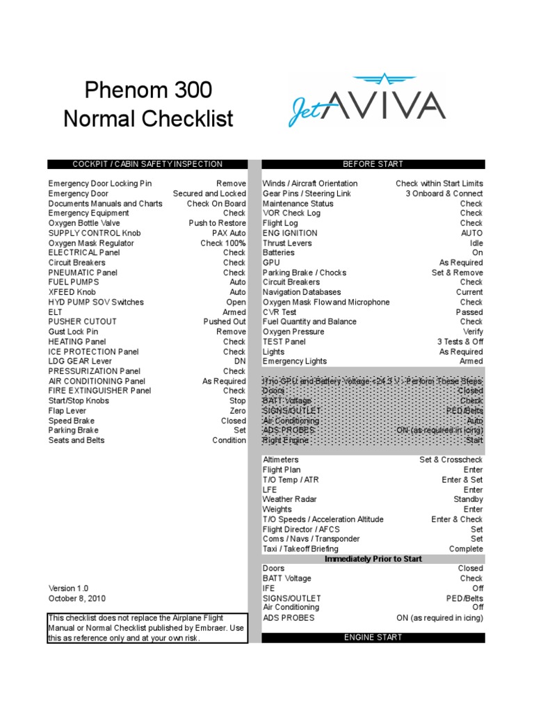 Phenom 300 Pre-Takeoff Checklist | PDF