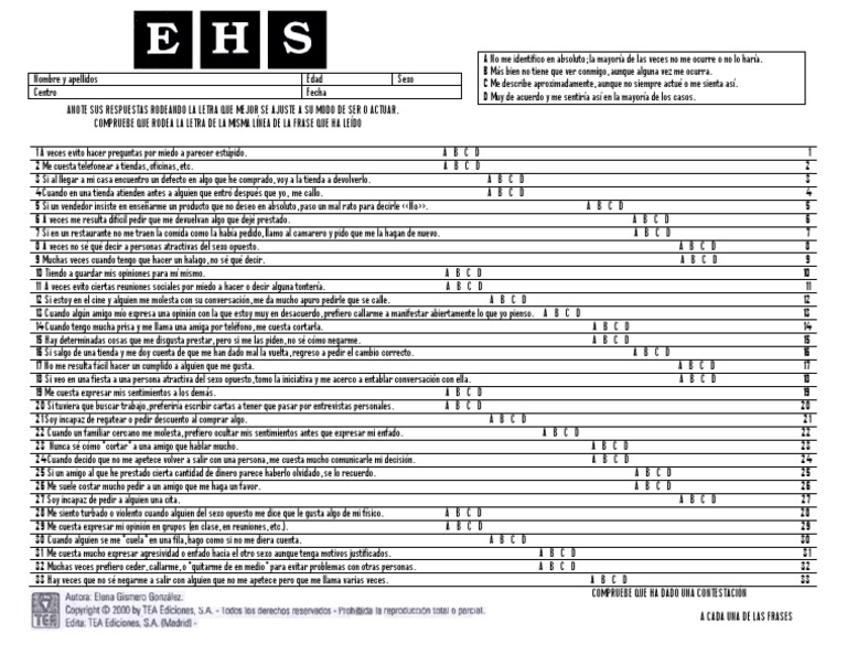 Cuestionario EHS | PDF | Ocio