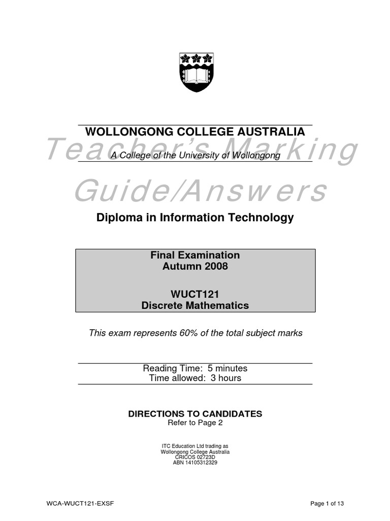 Wuct121 Discrete Mathematics Final Exam Autumn 2008 Marking Guide | Download Free PDF | Visual ...