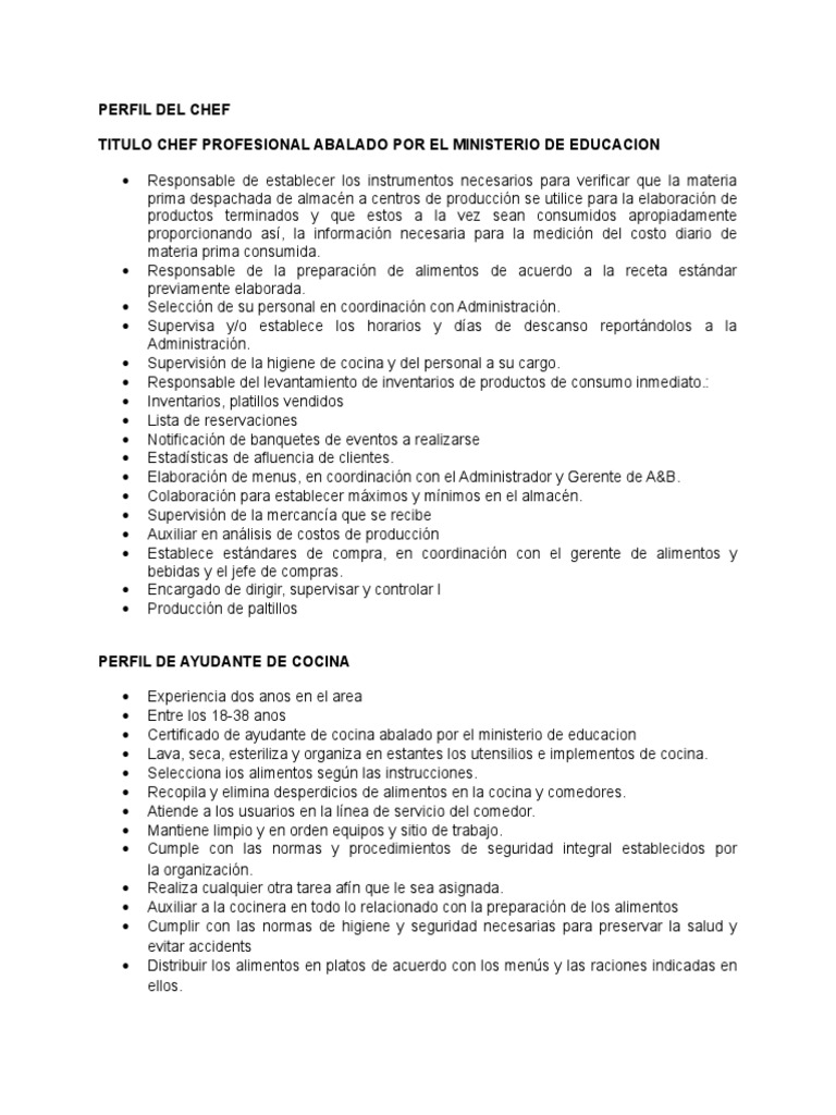 Perfil Del Chef | Bar | Alimentos