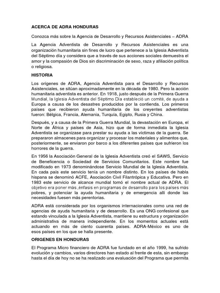 ADRA Honduras: Ayuda Humanitaria y Desarrollo | PDF | Science | Ciencia ...