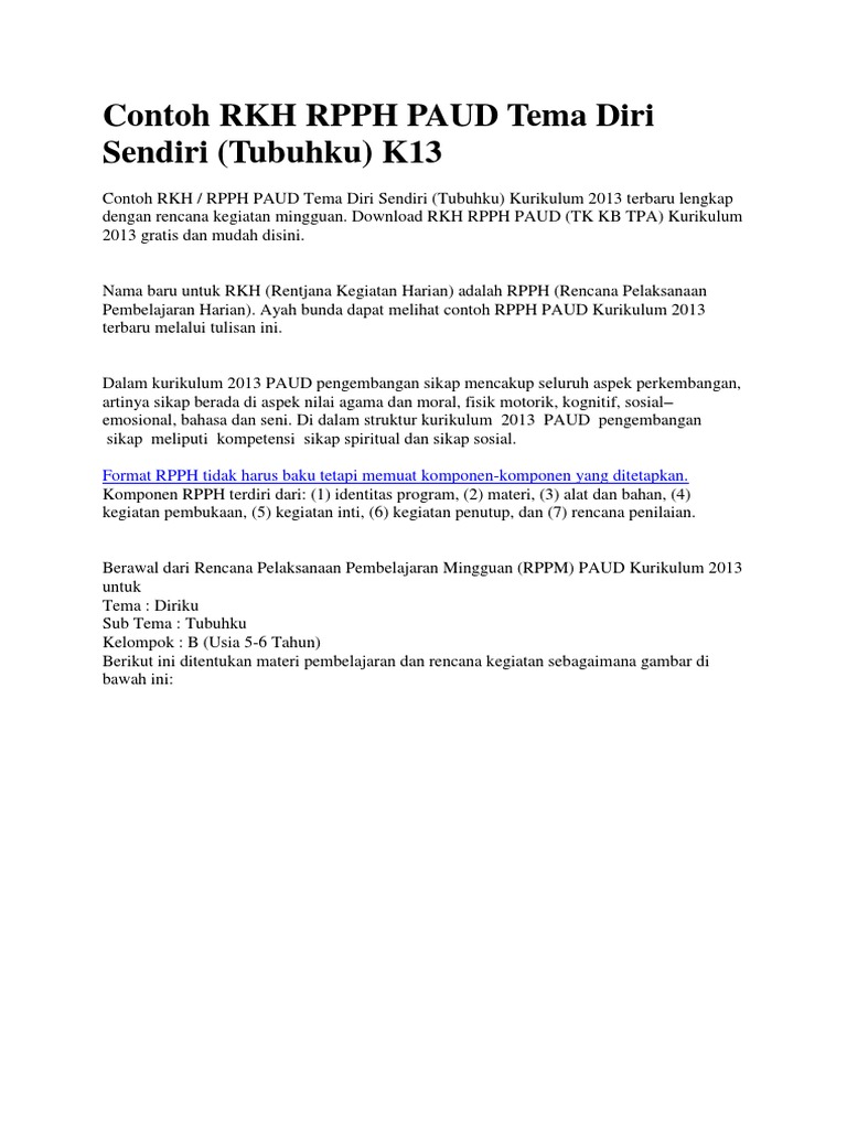 Contoh RKH RPPH PAUD Tema Diri Sendiri | PDF | Kesehatan Holistik