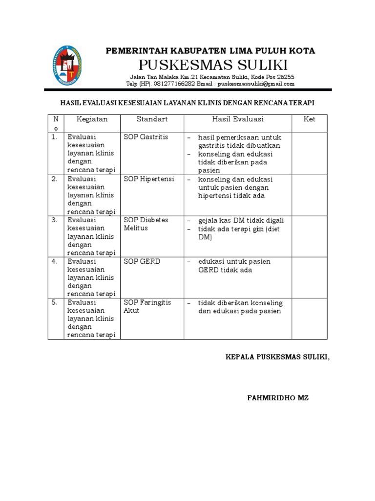 Hasil Evaluasi Kesesuaian Layanan Klinis Dengan Rencana Terapi | PDF | Pengembangan Diri ...