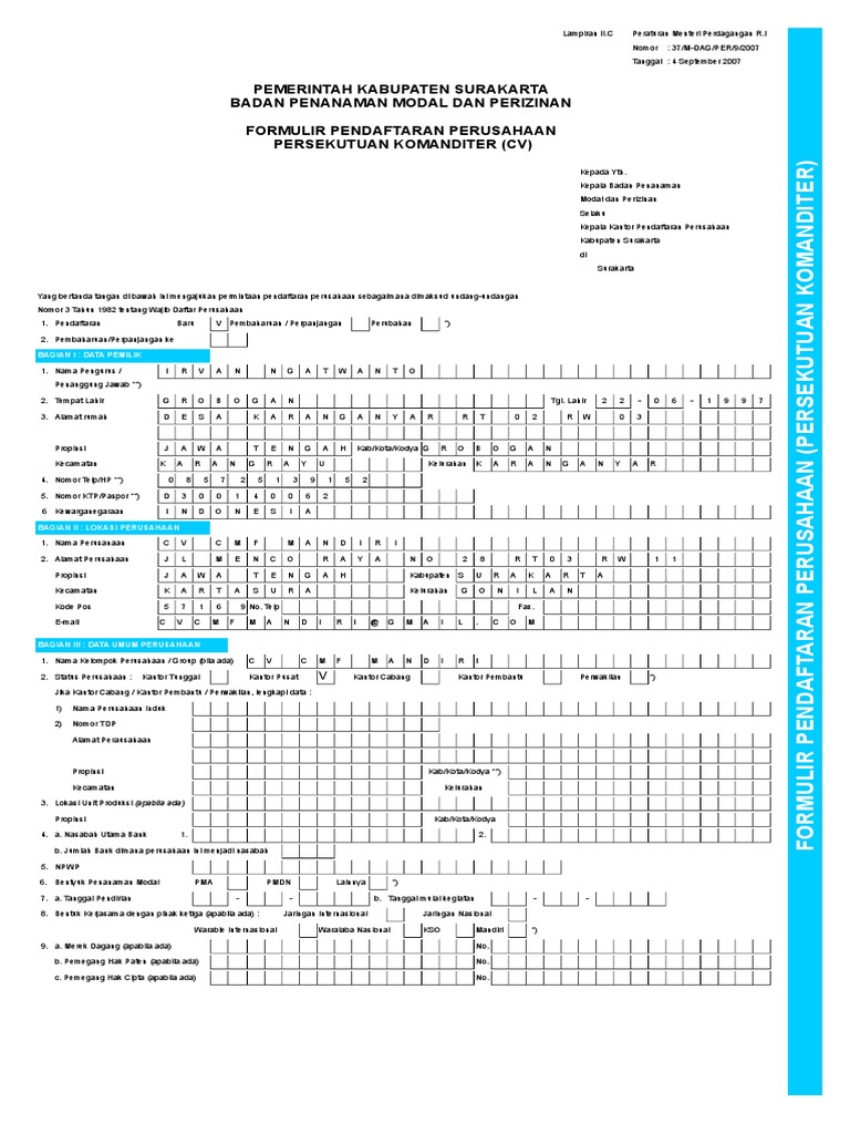 FORMULIR TDP CV | PDF