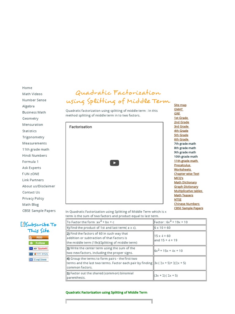 Quadratic Factorization Using Splitting of Middle Term | PDF ...
