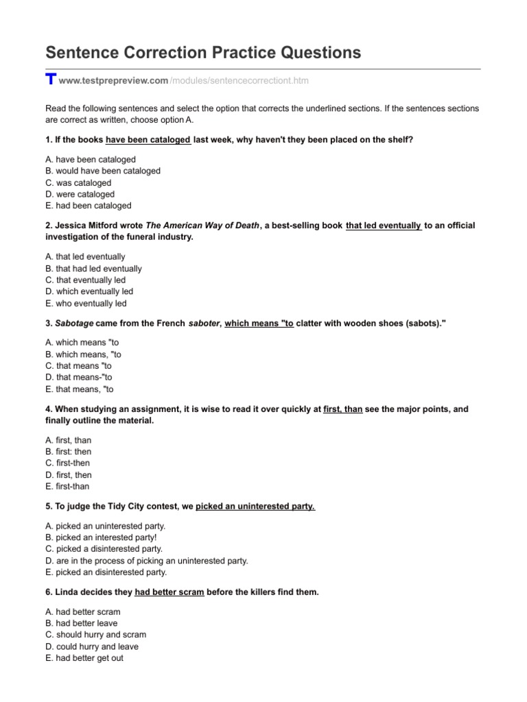 Sentence Correction Practice Questions 01 | Download Free PDF | Verb ...