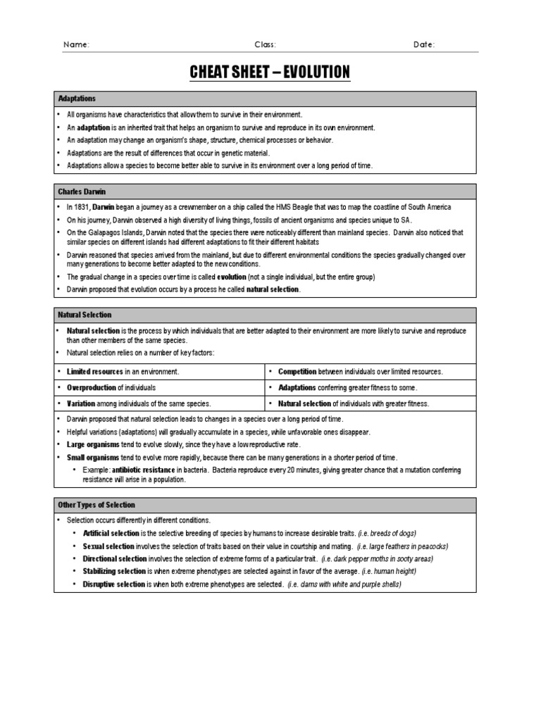 Cheat Sheet - Evolution PDF | PDF | Natural Selection | Adaptation