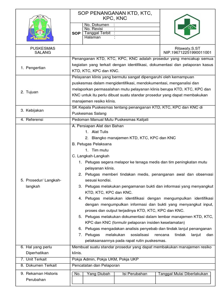 Sop Penanganan Dan Pelaporan KTD KTC KPC Dan KNC | PDF