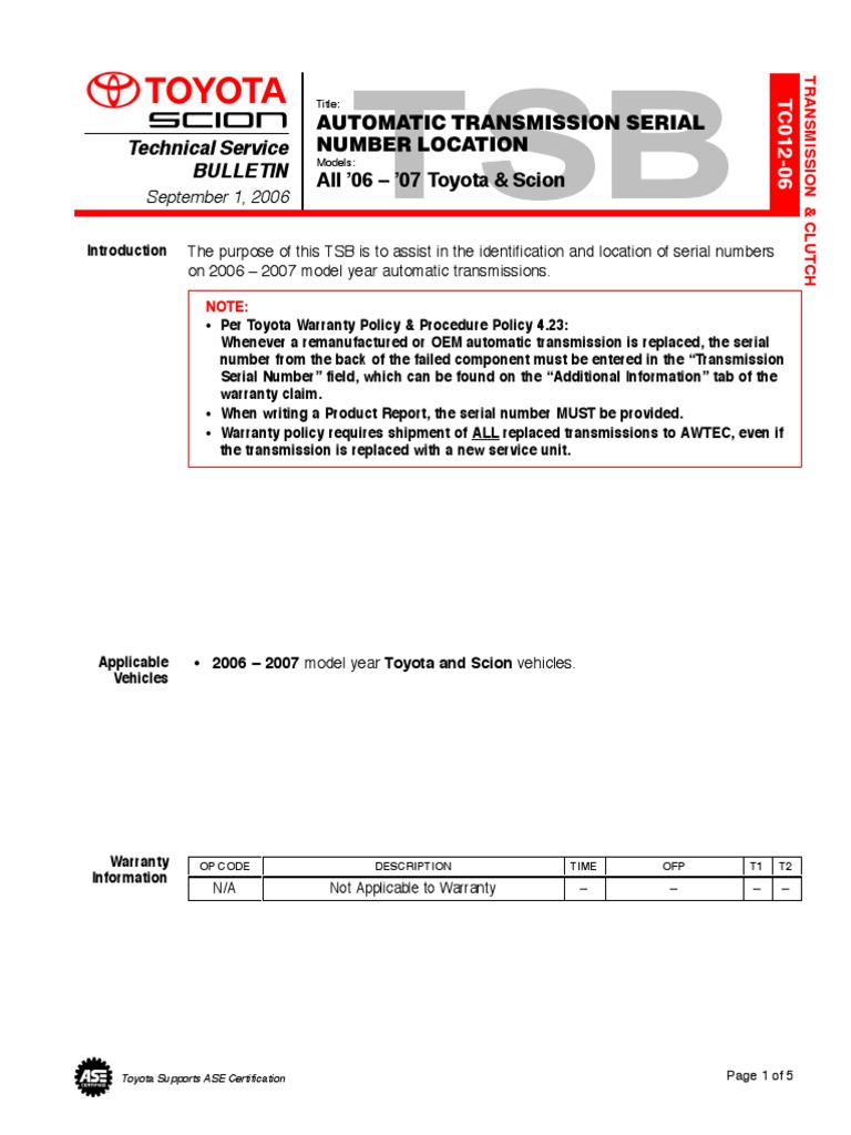 Toyota Transmission Serial Number Guide | PDF | Transmission (Mechanics ...