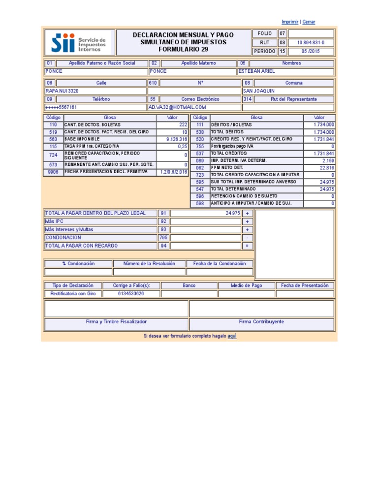Declaracion Mensual y Pago Simultaneo de Impuestos Formulario 29