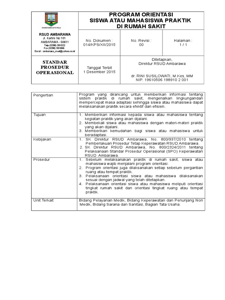 SPO Program Orientasi Siswa Atau Mahasiswa Praktik Di Rumah Sakit | PDF