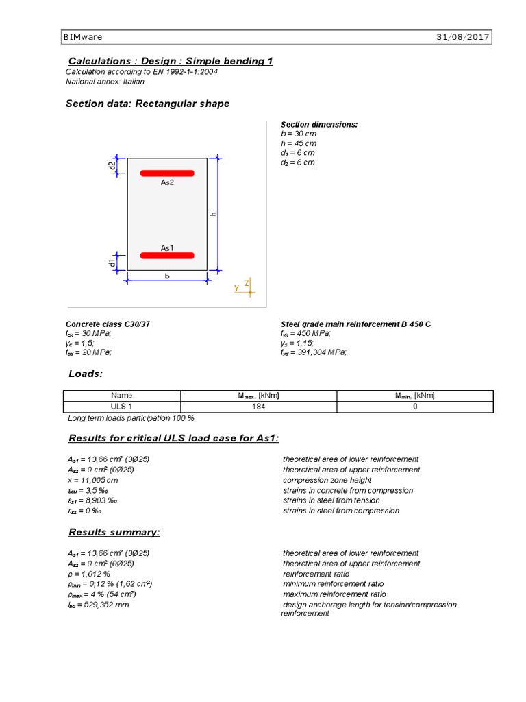 Section Data: Rectangular Shape: Calculations: Design: Simple Bending 1 ...