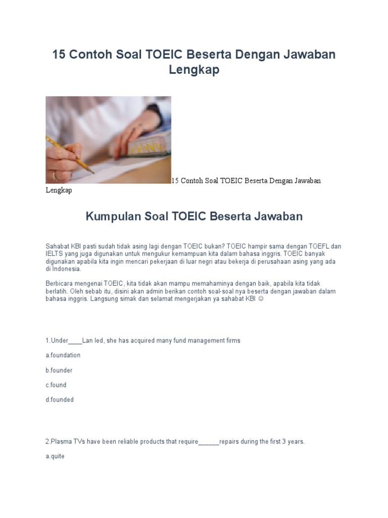 15 Contoh Soal TOEIC Beserta Dengan Jawaban Lengkap | PDF