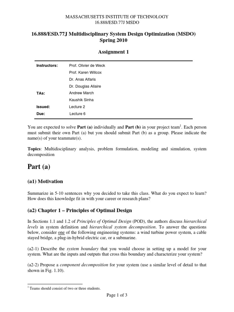 Part (A) : 16.888/ESD.77J Multidisciplinary System Design Optimization (MSDO) Spring 2010 ...