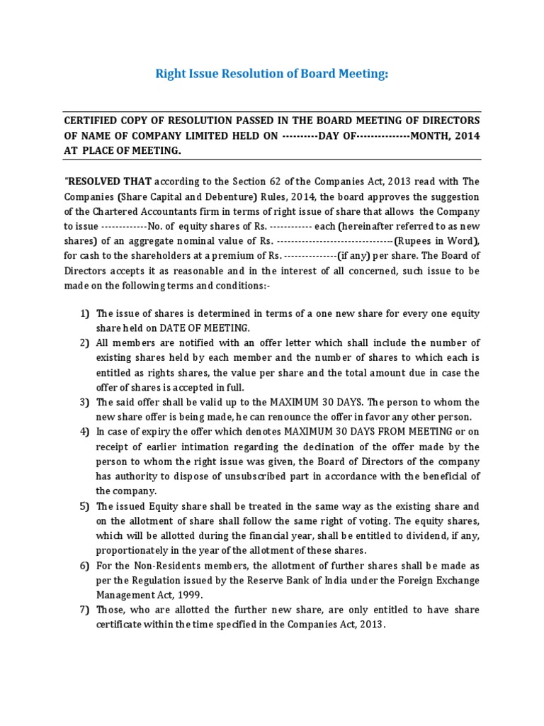 Right Issue Resolution of Board Meeting | PDF | Board Of Directors ...